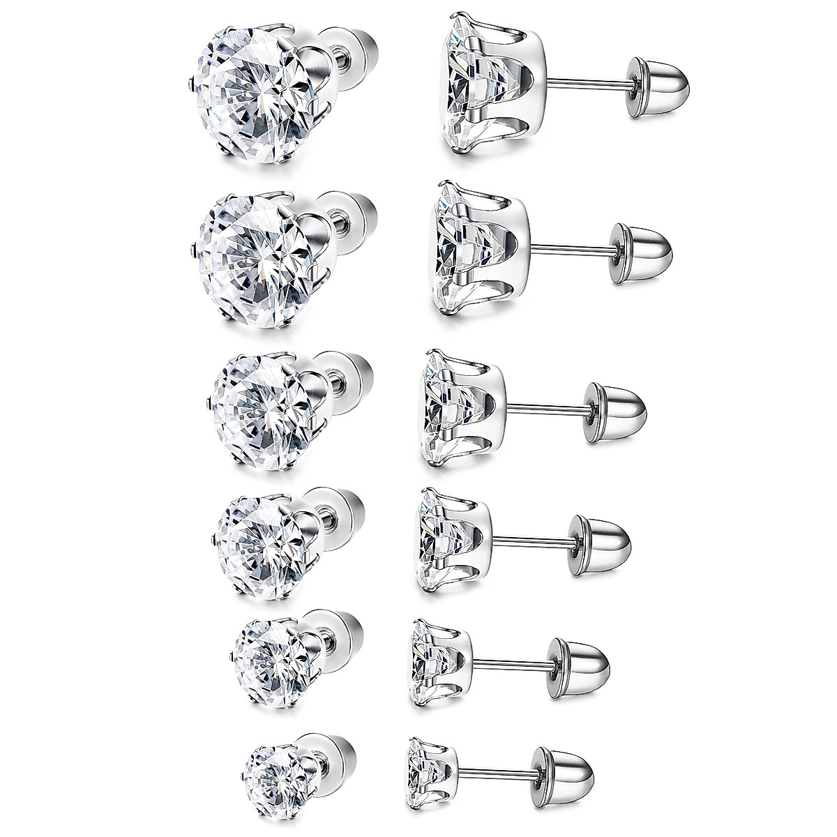 LOYALLOOK 6 Pairs Stainless Steel Clear Cubic Zirconia Stud Earring Ear Piercings for Women 3-8mm