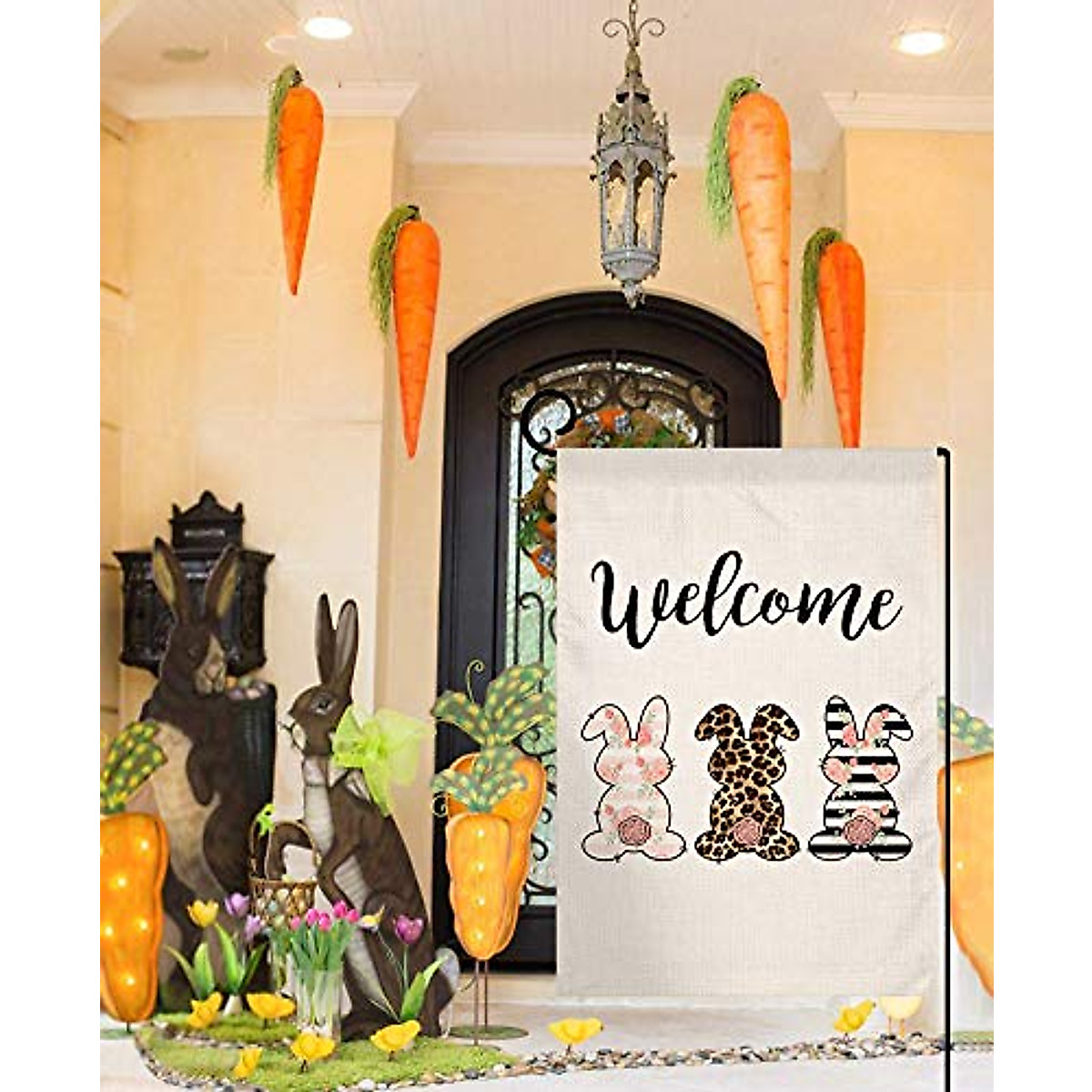 Welcome Easter Bunny Garden Flag Vertical Double Sided Burlap Yard Spring Rabbit Outdoor Decor 12.5 x 18 Inches