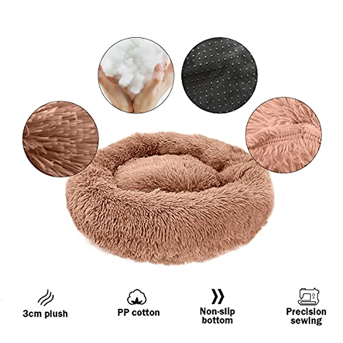 Nepfaivy Calming Dog Cat Donut Bed - Fluffy Cat Beds for Indoor Cats Washable, Round Dog Beds for Small Dogs, Anti Anxiety Plush Pet Pillow Bed for Puppy, Waterproof Non-Slip Bottom