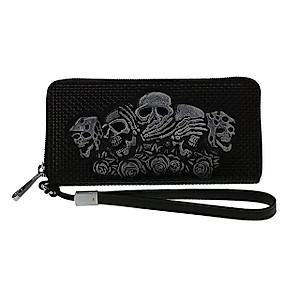 ABC STORY Womens Steam Punk Gothic Genuine Leather Rose Skull Travel Phone Wallet Purse Wristlets Clutch Handbag Black