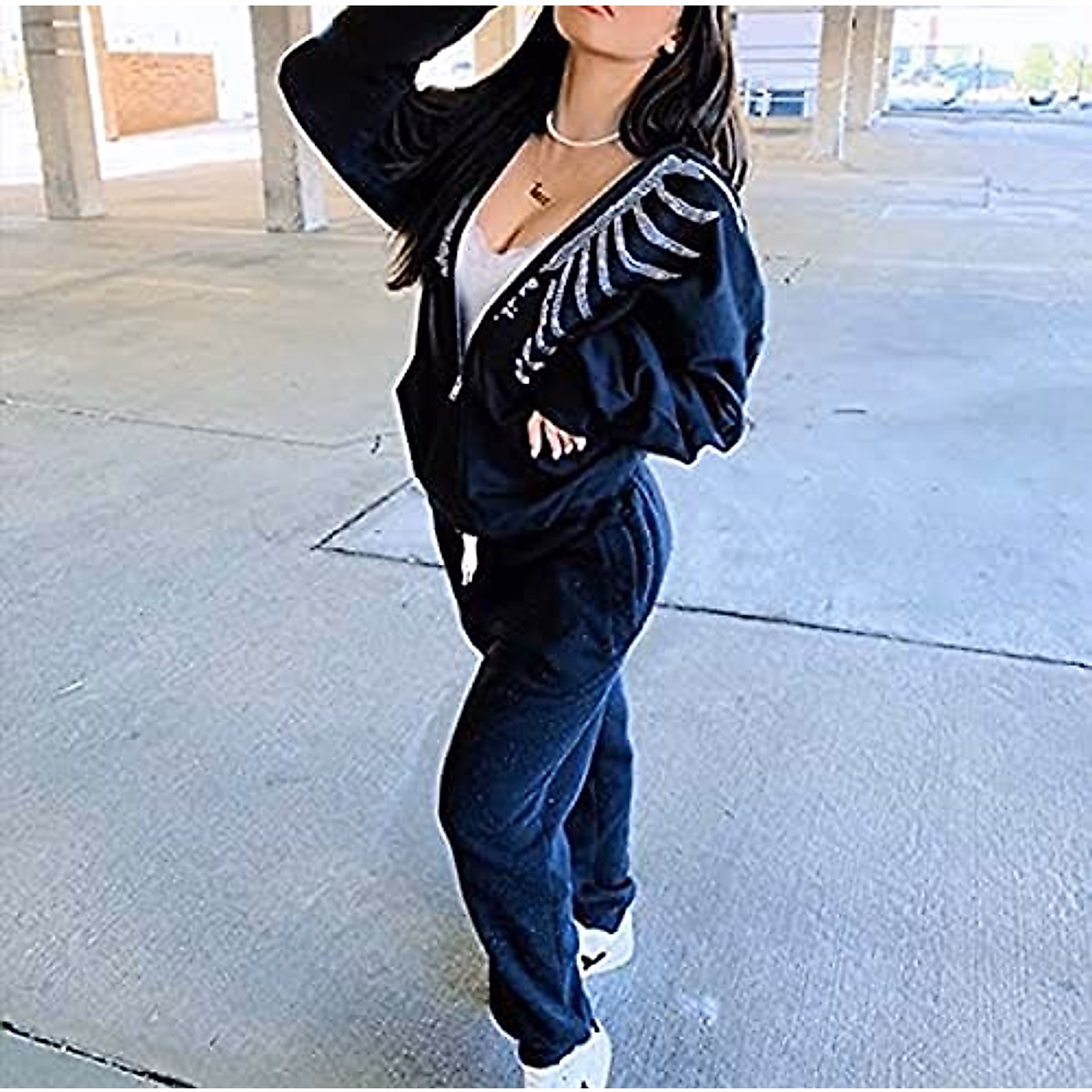 threeriver Womens Y2k Skeleton Print Hoodie Top Rhinestone Skull Print Long Sleeve Zip Up Hoodies(S,A-black)