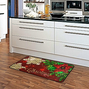 Christmas Poinsettia and Snowflakes Kitchen Rugs Non-Slip Kitchen Mats 39 x 20 Inches Bath Runner Rug Doormats Area Mat Rugs Carpet Cushioned Mat for Home Decor