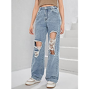 Floerns Girls Cut Out Ripped Wide Leg Jeans High Waist Distressed Denim Pants Light Blue 14Y
