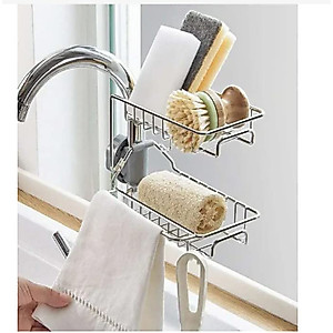 2 Piece Stainless Steel Faucet Rack, Hanging Adjustable Height for Kitchen Sink, Suitable for Kitchen Sink, Bathroom Sink Storage Rack, can be Placed Sponge, Brush, soap, Bath Ball, Shampoo etc