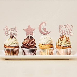 36 PCS Baby Shower Girl Cupcake Toppers with Moon Glitter Star It's a Girl Sweet Baby Gender Reveal Cupcake Picks Baby Shower Kids Girls Birthday Party Cake Decorations Supplies Rose Gold
