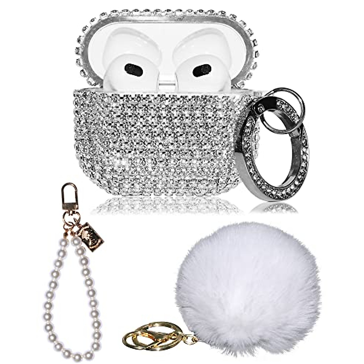 4in1 Bling Diamonds for AirPods 3 Case Cover Accessories Set Kit, Rhinestone PC for AirPods 3rd Generation Case for Women Girl w/ Cute Fur Ball Pompom Keychain/Crystal Bracelet/Lobster Clasp Keychain