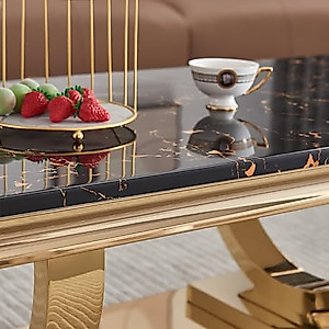 Maotifeys Black and Gold Marble Mid Century Modern Coffee Table with O Shape Stainless Steel Pedestal Base, Rectangle Marble Top for Living Room, Bedroom, Office Behind Couch