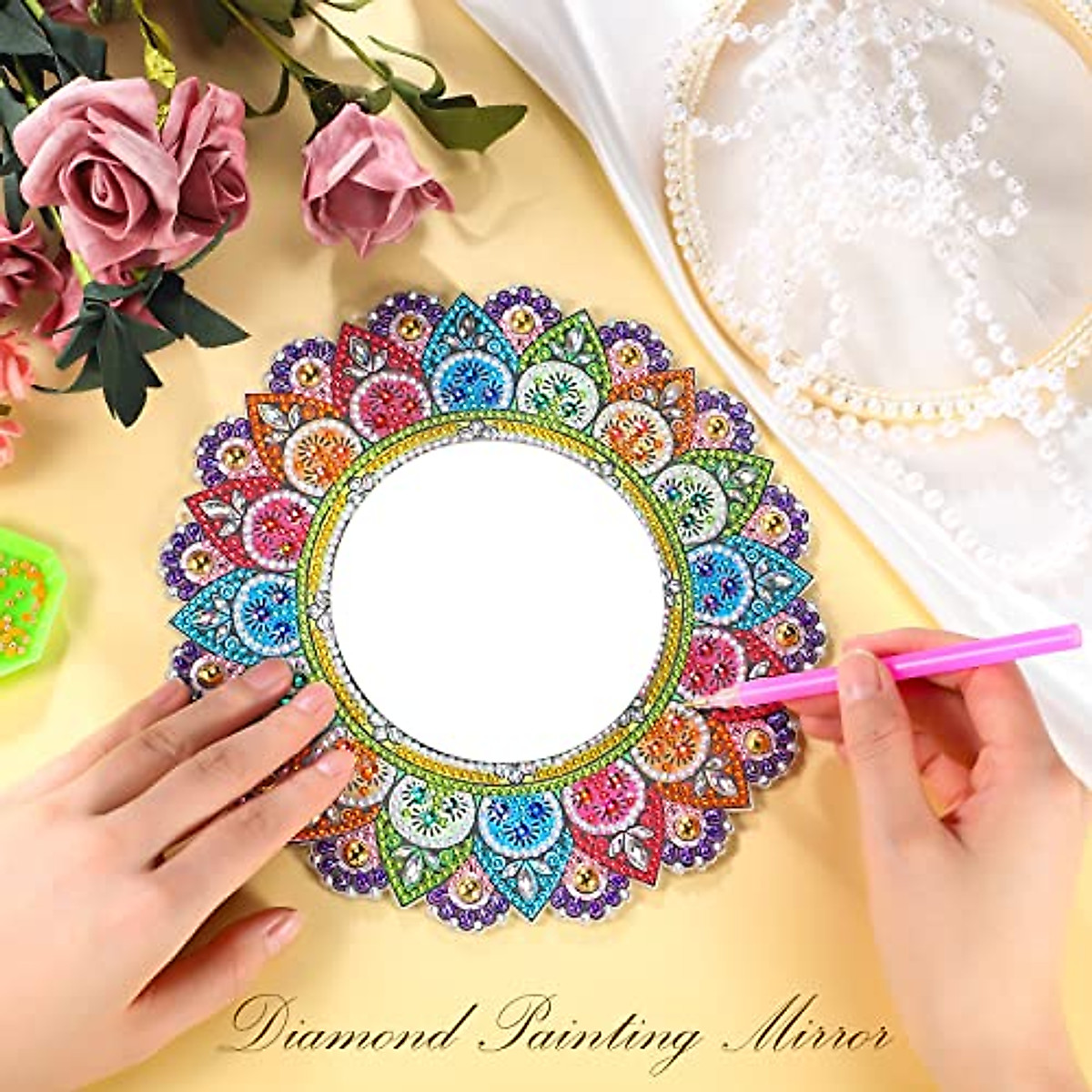 DIY Diamond Painting Mirror Mandala Crystal Diamond Painting Kit Plate Shaped 5D Diamond Art Makeup Mirror for Adults Kids Beginners Christmas Birthday Gifts Art Crafts Home Wall Table Decor (Classic)