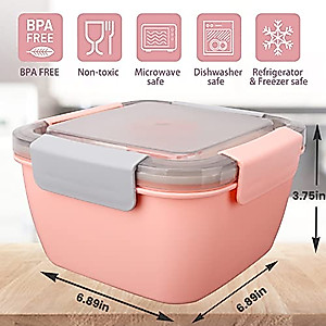 Ylebs 2 Pack Bento Box Adult Lunch Box,52-oz Salad Bowls,3 Compartment Tray with Salad Dressings Container,Used to Meal Pre-prepare Food Fruit Snack,Leak Proof (Pink)