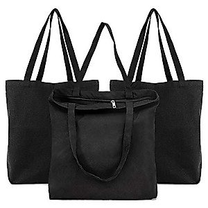 Segarty Black Canvas Tote Bag, 3 Packs 16x15 inch Canvas Bags with Zipper, 12Oz Heavy Duty Reusable Washable Grocery Shopping Bag with Handle, Blank Cotton Bags for Kids DIY Crafts Painting Bulk