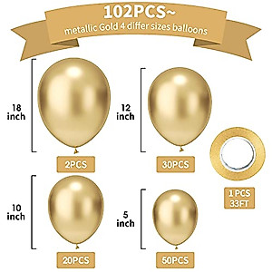 HUICYHFR Gold Metallic Chrome Latex Balloon Arch Kit, 102PCS 18In 12In 10In 5In Arch Garland for Engagement, Wedding, Birthday Party, Anniversary Celebration Decoration With 33FT Ribbon