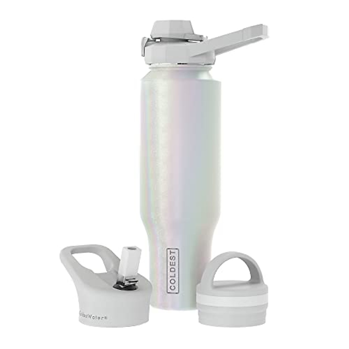 COLDEST Sports Water Bottle - 3 Lids (Chug Lid, Straw Lid, Handle Lid) Tumbler with Handle on Lid Water Bottles Cup Vacuum Insulated Stainless Steel, Fits Cirkul Lid (46 oz, Cosmic Ice Glitter)