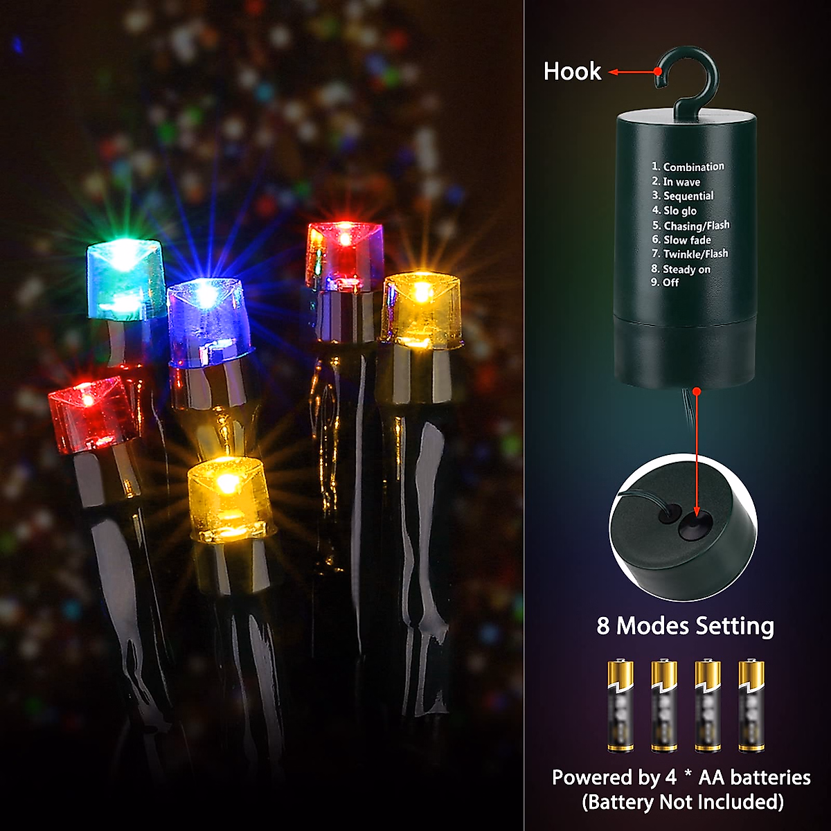 Flacchi Multi-Color Christmas Lights, 66 ft 200 LED Battery Operated String Lights Waterproof 8 Modes & Auto Timer Mini Lights for Xmas Decorations, Home, Party, Holiday Decor Outdoor Indoor