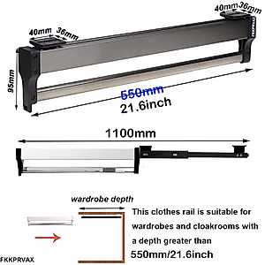 Closet Clothes Hanger Rail,Pull-Out Closet Rod 30-60cm,Wardrobe Clothing Rail,Closet Organizer Rack for Pants and Coat, Silver (550MM/21.6INCH)