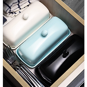 Nucookery Ceramic Butter Dish with Lid | Raised Legs and Non-Slip Strip Design | Porcelain Health | Dishwasher Safe, Lake Blue