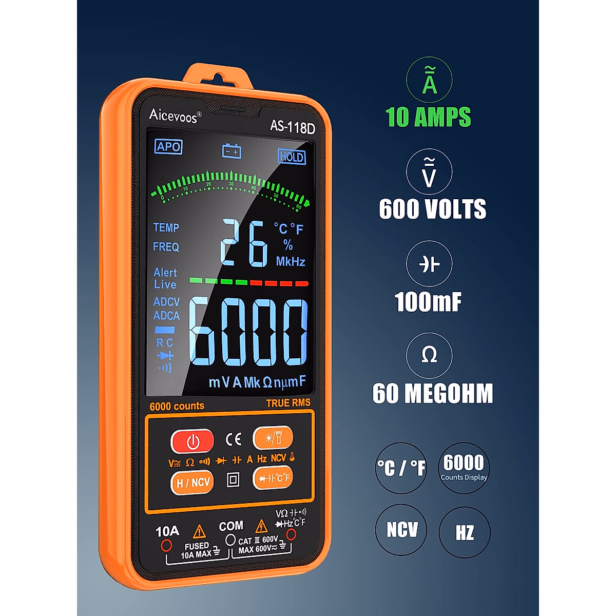Aicevoos AS-118D Smart Digital Multimeter Auto-Ranging Voltmeter Electrical Tester Measures Voltage Current Capacitance Resistance Continuity Duty-Cycle Temperature Frequency