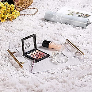 Lyellfe Acrylic Serving Tray with Gold Handles, 14 x 11 Inch Lucite Tray for Coffee Table, Spill-Proof Clear Food Serving Tray for Breakfast, Coffee, Cosmetic or Magazine