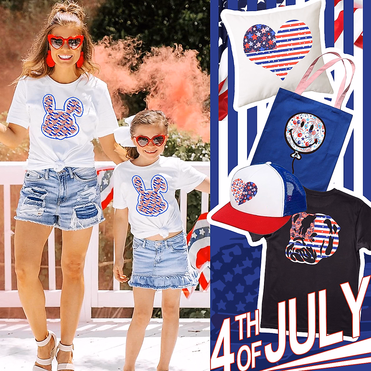 4th of July HTV Vinyl Bundle: Patriotic Heat Transfer Vinyl Red White Blue HTV Iron on Vinyl 10 Pack 12x10 Inch American Flag Pattern Sheets for Cricut