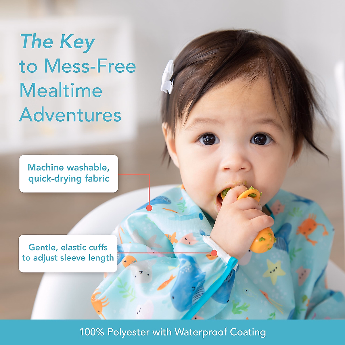 Bumkins Bibs, Baby and Toddler Girls and Boys 6-24 Months, Long Sleeve, Essential Must Have for Eating, Feeding, Mess Saving Lightweight Waterproof Fabric Sleeved Smock, Ocean Life