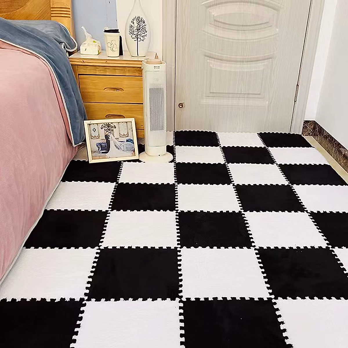 12 Pcs Shaggy Interlocking Foam Carpet Tiles - 12" x 12", 12 Sq,Ft Kids Carpet Squares Protective Floor Mats Crawling Exercise Area Rugs for Children Room, Home or Classroom Use, Black