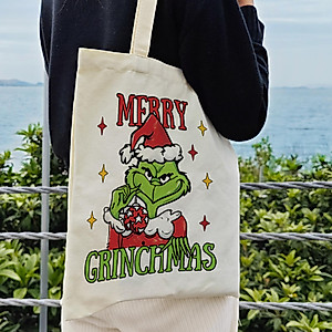 Dlzdn Christmas Canvas Tote Bag For Women Aesthetic Merry Christmas Tote Bag Shopping Grocery Bag Beach Bag Gifts for Women Teacher Bag Reusable Grocery Bag