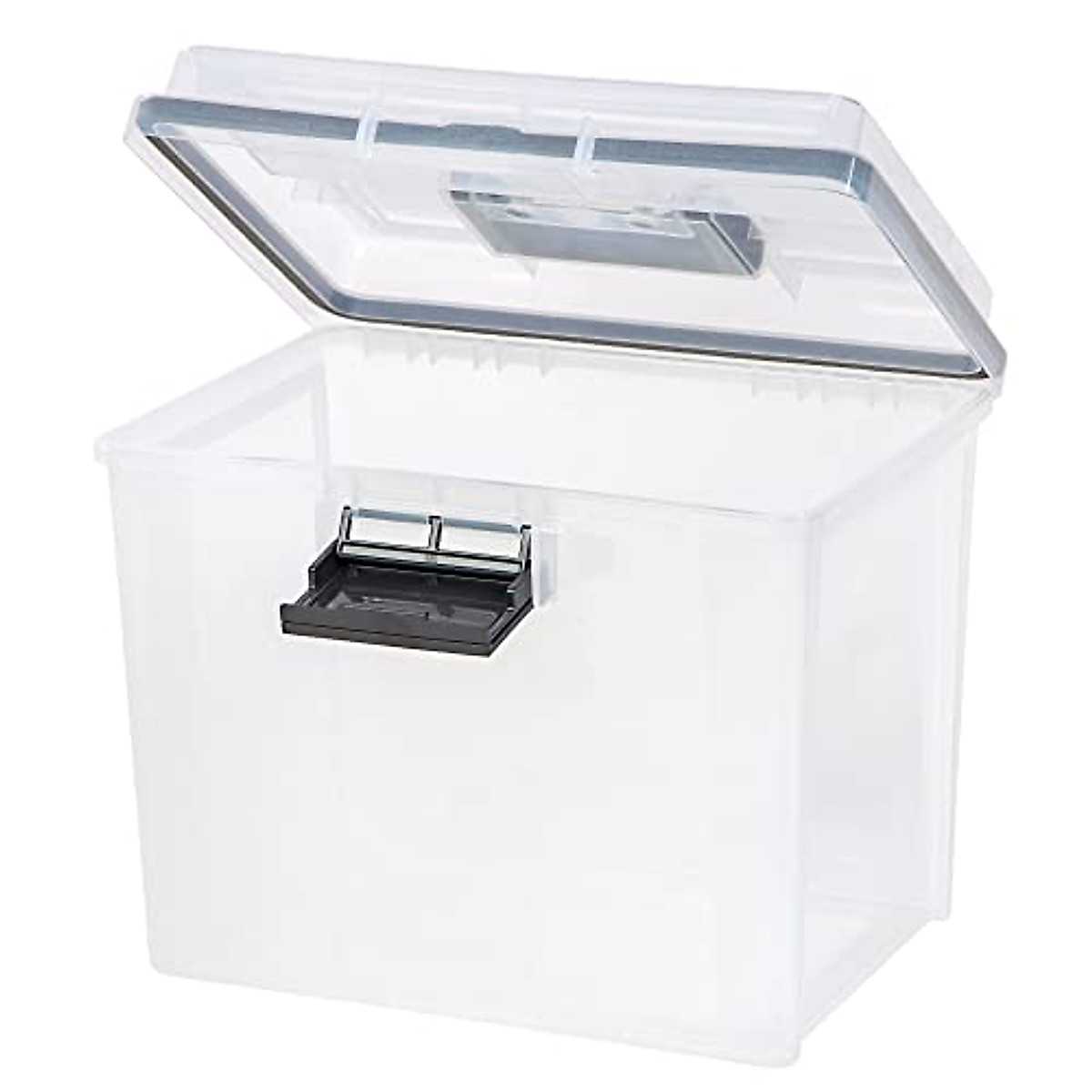 IRIS USA 19 Quart WEATHERPRO Plastic Office Storage Portable Letter Size File Box with Organizer-Lid and Seal and Secure Latching Buckles, Weathertight, Clear with Black Buckle, 1 Pack