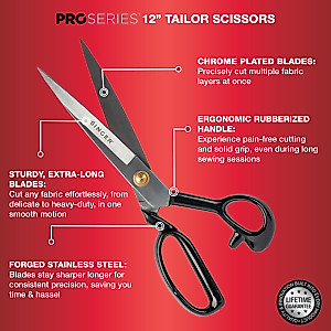 SINGER ProSeries 12 Inch Sewing Scissors Heavy Duty Chrome Plated Forged Stainless Steel Industrial Tailor Shears, 4 Inch Embroidery Scissors, 144 Inch Tape Measure, and Fabric Marking Pencils