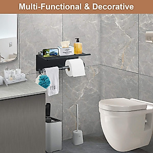 Bjiotun Toilet Paper Holder with Shelf Wall Mounted Toilet Paper Storage, Double Roll Tissue Holder Dispenser Bathroom Toilet Paper Holder (Matte Black)