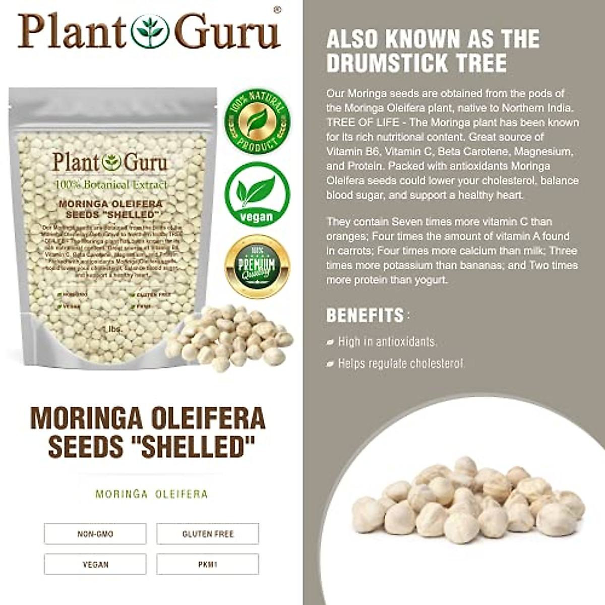 Moringa Seeds Kernel Shelled 16 oz. / 1 lb. - Clean PKM1 Variety - Edible - Moringa Oleifera - Malunggay - Semillas De Moringa - Drumstick Tree - Non-GMO - 2000 to 2400 Seeds Approx.