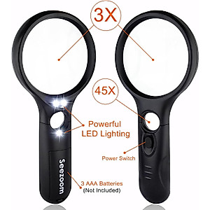 SeeZoom Lighted Magnifying Glass 3X 45x Magnifier Lens - Handheld Magnifying Glass with Light for Reading Small Prints, map, Coins and Jewelry - LED Magnifying Glass