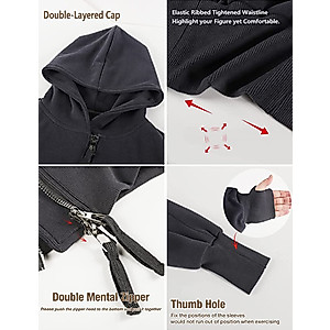 COZYPOIN Women's Cropped Hoodie Double Zipper Long Sleeve Workout Sweatshirt Crop Tops(Grey-L)