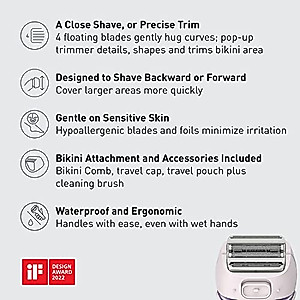 Panasonic Close Curves Electric Shaver for Women, Cordless 4-Blade Shaver, Bikini Attachment, Pop-Up Trimmer, Wet Dry Operation - ES-WL80-V (Purple)