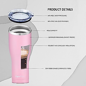 VIGOR PATH Insulated Tumbler Cup with Slide Lid, Double-Walled Vacuum Stainless Steel Water Bottle Travel Mug - Leak-Proof Thermal Cup for Home and Outdoor Adventures - 40oz (Pink)