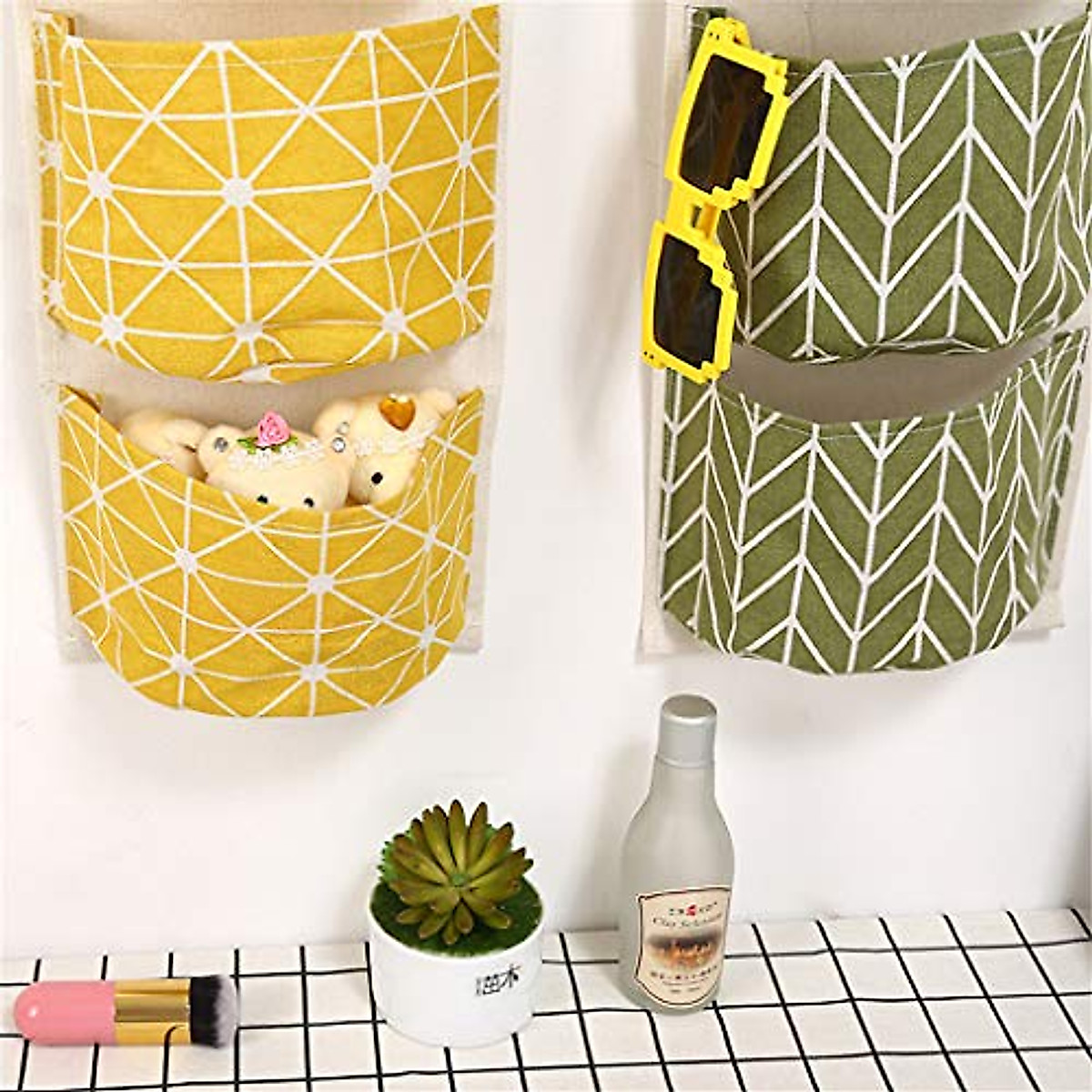 Votono Hanging Storage Bag Wall Mounted 3-Bag Door Organizer Linen Cotton Fabric 2 Pack for Room and Bathroom (2 Pack Green)