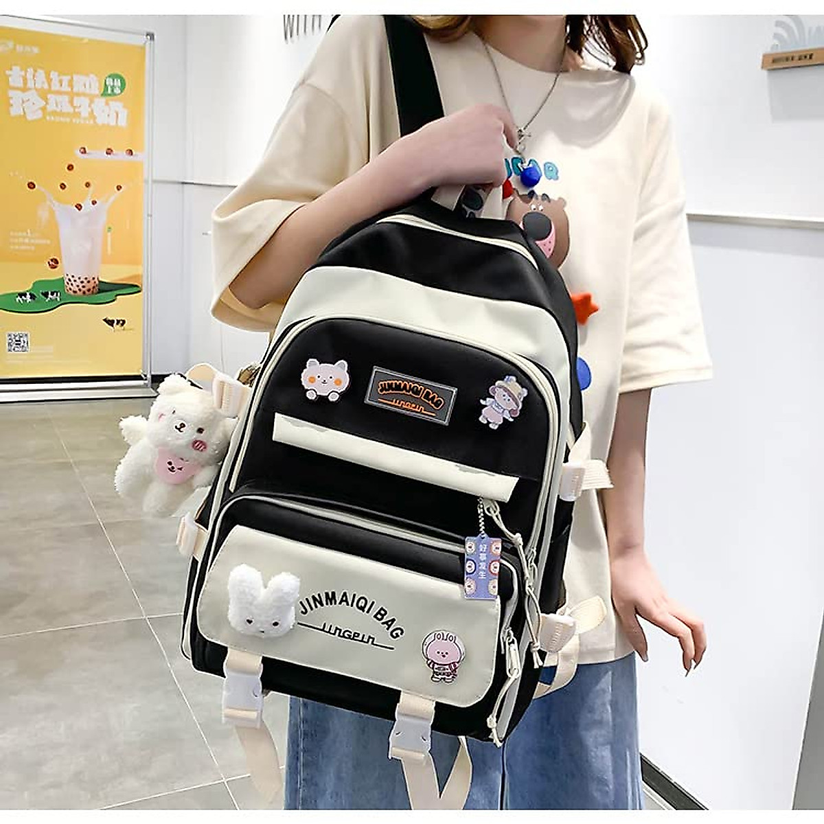 Donloise 5Pcs Kawaii Backpack with Aesthetic Pin Accessories Cute Laptop Ita Bag for Back to School Stationary Supplies (Black)