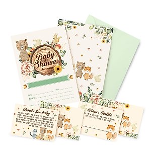 Woodland Baby Shower Invitations 20 Invitations With 20 Envelopes, 20 Diaper Raffle Cards, 20 Baby Shower Book Request Cards Forest theme Woodland creatures Bear Deer Rabbit Moose Owl Raccoon 20 Fill in Invites And Envelopes