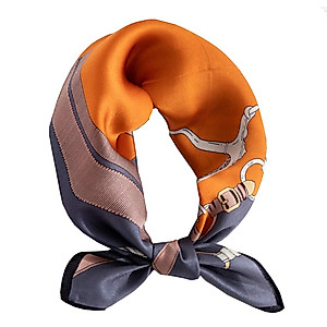 ANDANTINO 100% Real Mulberry Silk Scarf -21'' x 21''- Lightweight Neckerchief –Women Men Small Square Digital Printed Scarves (Belts-Orange-Grayish Blue)