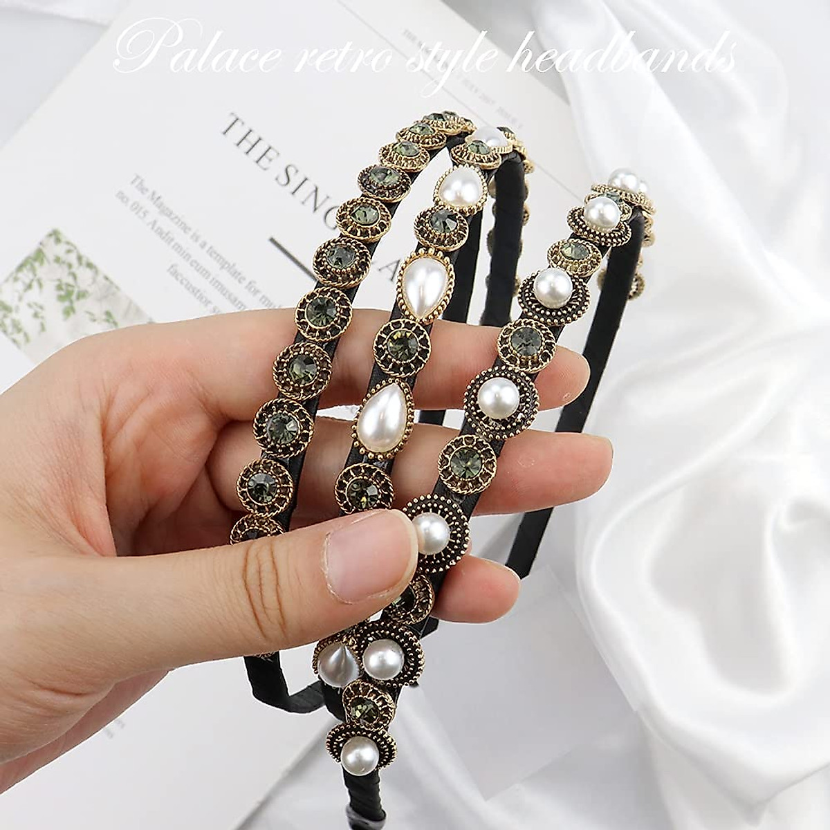 NAIHOD 3 Pcs Pearls Rhinestones Thin Headbands for Women Girls Luxury Vintage Hair Bands for Women's Hair with Cloth Wrapped Metal Hair Hoop Baroque Headpiece Elastic Head Bands