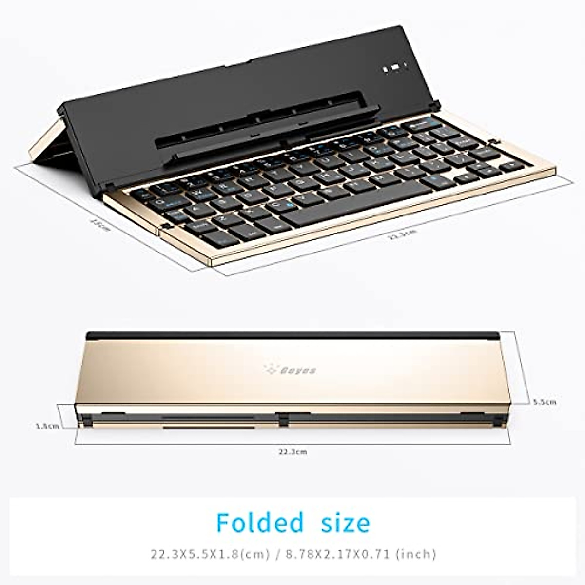 Geyes Foldable Bluetooth Keyboard, Folding Wireless Keyboard with Portable Pocket Size, Aluminum Alloy Housing, Carrying Pouch, for iPad, iPhone, and More Tablets, Laptops and Smartphones(Gold)