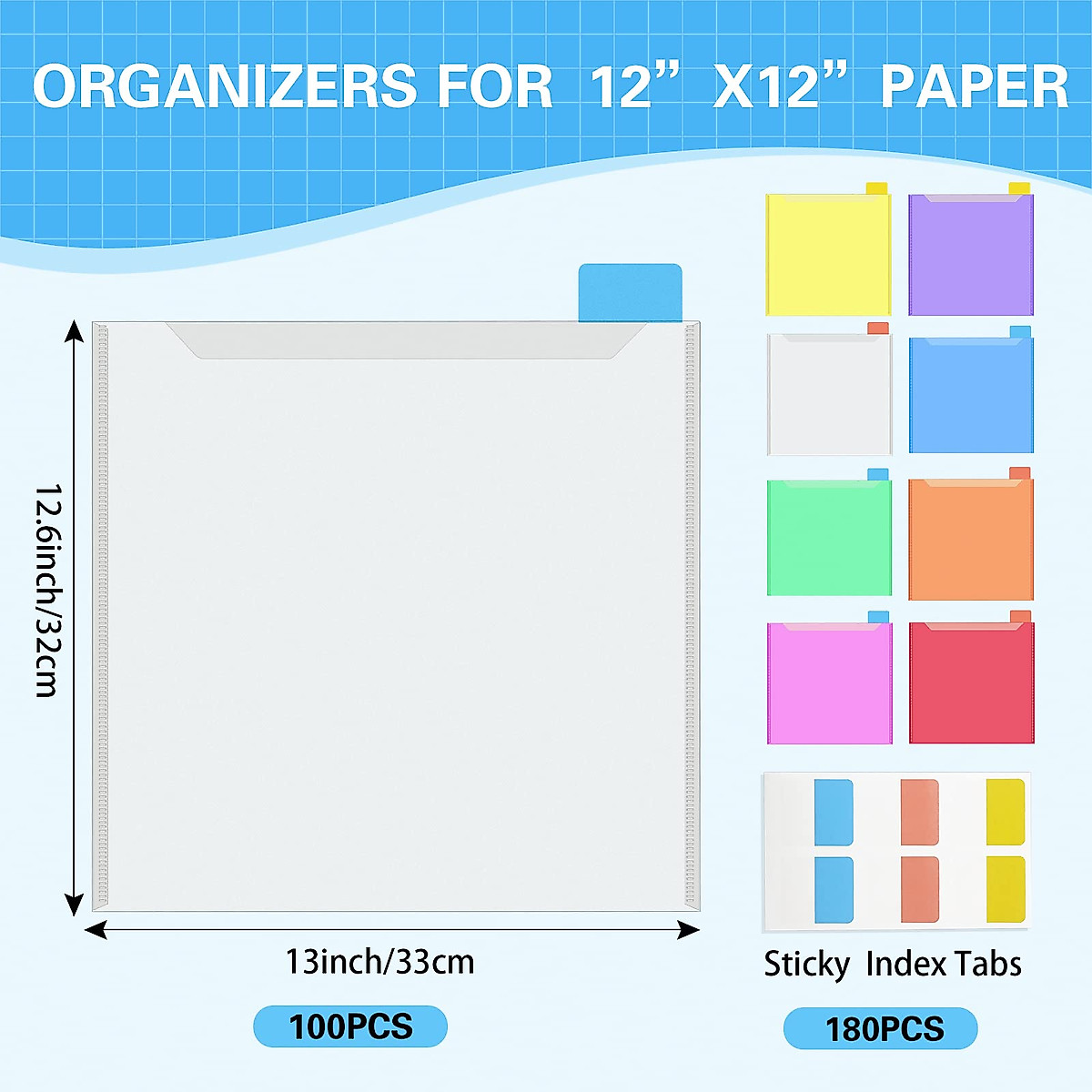 Glenmal 100 Pieces 12x12 Scrapbook Paper Storage Organizer with 180 Pieces Sticky Index Tabs,plastic Craft Vinyl Scrapbook Paper Storage Bags,storage for Scrapbooking Photo and Paper File (Multicolor)