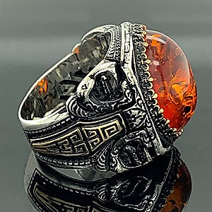 Mens Handmade Ring, Amber Stone Ring, Honey Amber Ottoman Mens Ring, Natural Stone, Men Ring, Gift for Him, 925k Sterling Silver Ring