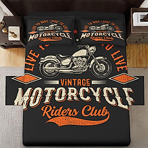 Pamnest 4 Pieces Queen Size Bed Sheet Sets, Bike Retro Motorcycle Soft Microfiber Bedding Sets for Kids and Adults Bedroom Bed Decor, Race Vintage Flat Sheet, Fitted Sheet and Pillowcases