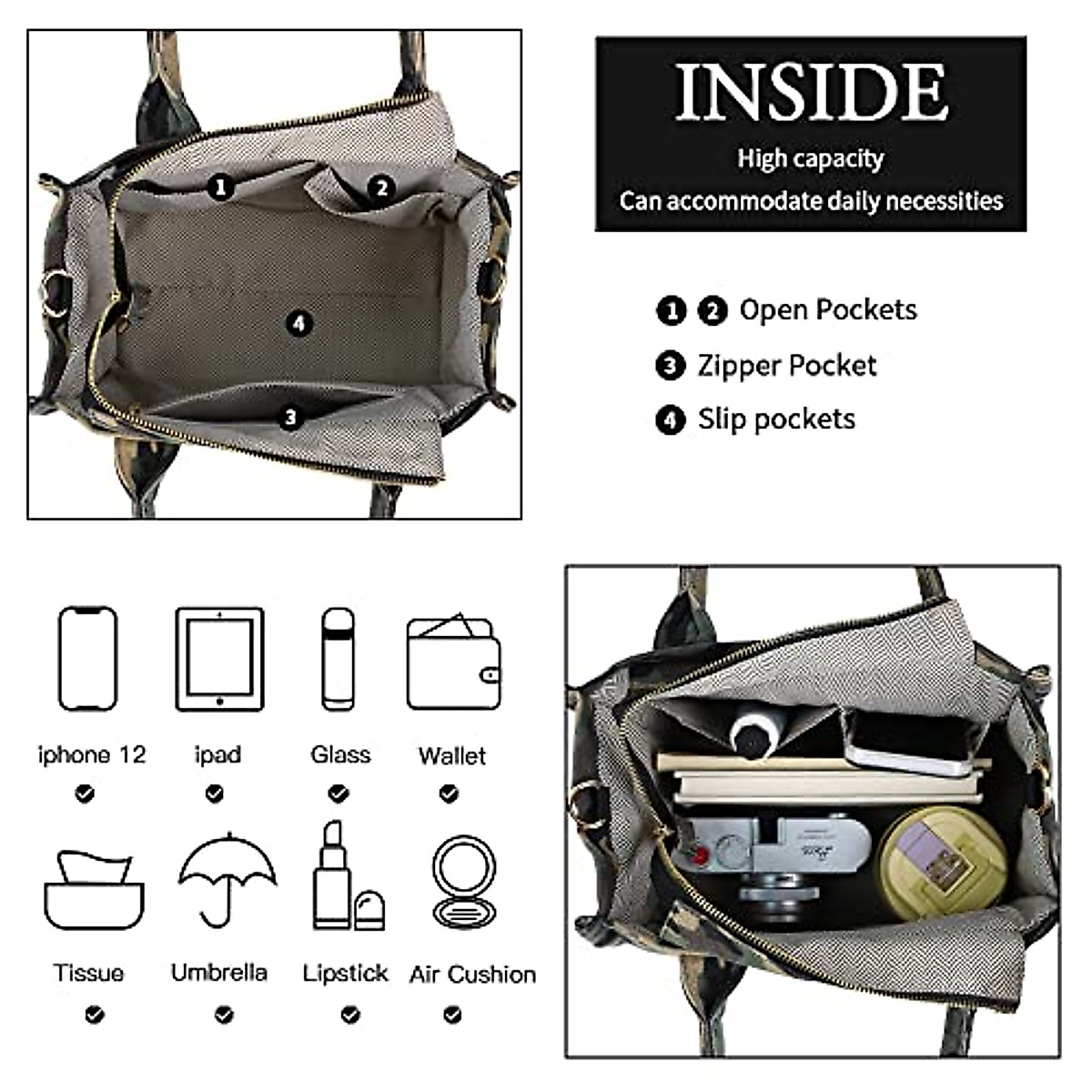 Viva Terry Canvas Tote Bags for Women Handbag Tote Purse with Zipper Canvas Crossbody Bag for Casual Shoulder Work Bag (multi)