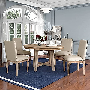 P PURLOVE 5 Pieces Dining Table Set Round Kitchen Extendable Dining Table with 4 Upholstered Chairs for Dining Room, Chair with Nail Head Trim, Bistro Table Set, Natural Wood Wash