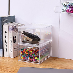 SuoXing Stackable Makeup Plastic Organizer Storage Drawers,4.5'' Tall Acrylic Bathroom Organizers,2 Pack Cosmetic Display Case Plastic Storage Bins For Vanity,Undersink,Pantry Organization and Storage