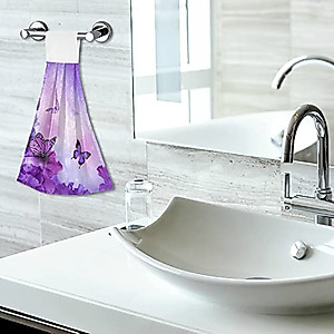 Kigai Purple Butterfly Hanging Tie Towels Set of 2, Absorbent Hand Towels Tea Bar Dish Dry Towels for Kitchen Bathroom Home Decor, 12 x 17 Inch