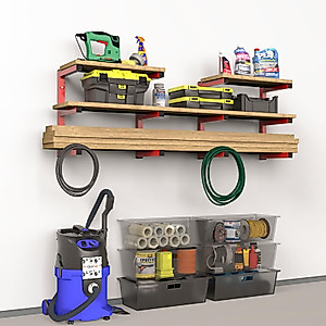 YheenLf Wall Mount Lumber Storage Rack and Garage Shelving, Wood Organizer, 4Pack Holds Up 1200 LB with 3-Level-Indoor and Outdoor Use,16.7 x 12.7 x 1.2 Inches, Red, HMBJ001R-4