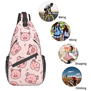 SURERUIM Pink Pig Sling Bag for Women Men Crossbody Shoulder Backpack Seamless Pattern of Pink Pig Face Cute Piggy Chest Bags Funny Cartoon Animal on Pink Background Gym Travel Hiking Casual Daypack
