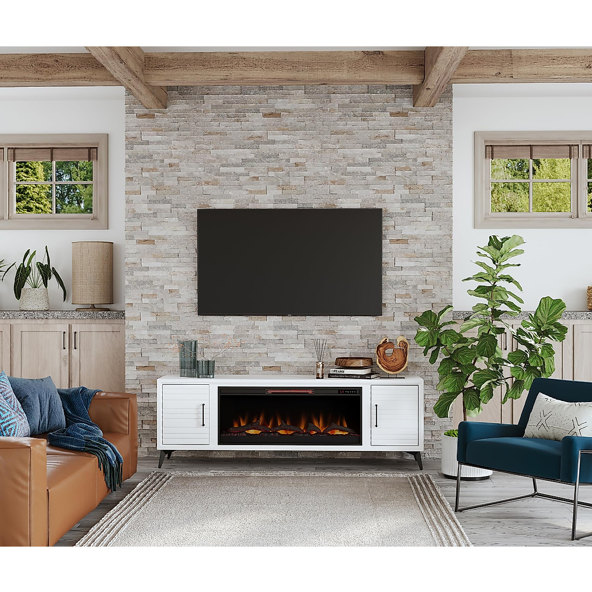 Realcozy Malibu Contemporary Fireplace TV Stand, 78 inches, Accommodates TVs up to 90 inches, Fully Assembled, Poplar Solid Wood, White Finish