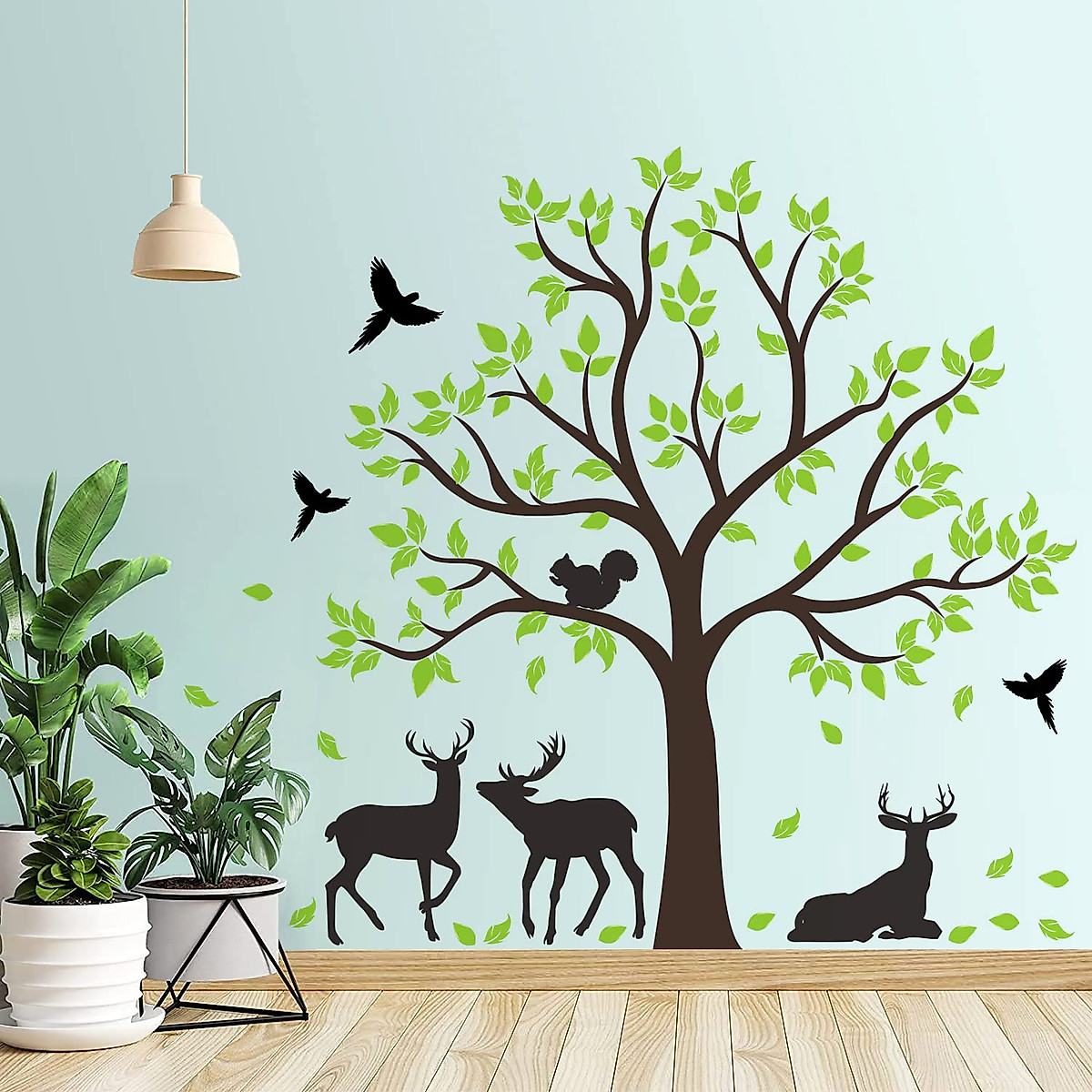 61"x56" Big Green Tree Wall Decals Elk Wall Sticker Leaves Wall Decal DIY Removable Giant Plants Animals Wall Stickers for Baby Kids Girls Bedroom Living Room Nursery Office Sofa Background Home Decor